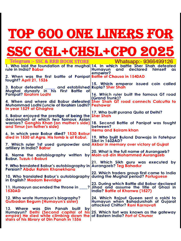 Top 600 One Liners For SSC CGL, Cpo, MTS, CHSL, GD | PDF