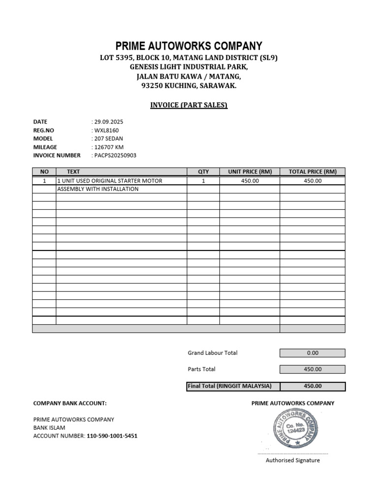 29.09.25 Invoice Pacps20250903 Wxl8160 Starter Motor | PDF