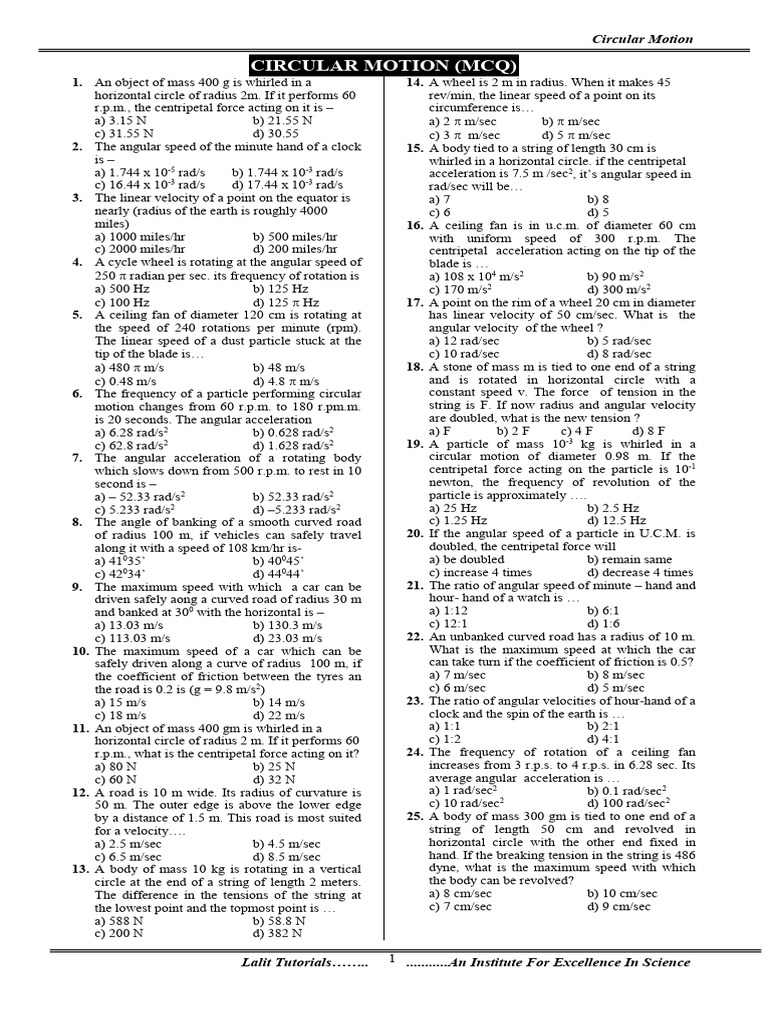 3 Circular Motion MCQ | PDF | Acceleration | Mechanics