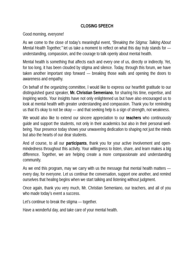 Closing Speech on Mental Health Awareness | PDF