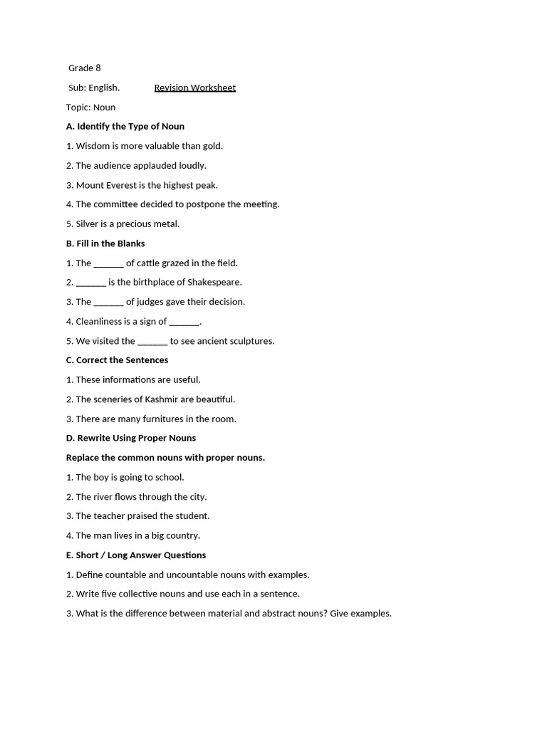Grade 8 English Noun Revision Worksheet | PDF