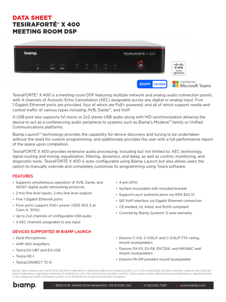 Biamp TesiraFORTÉ X 400 DSP Overview | PDF | Usb | Digital Signal ...