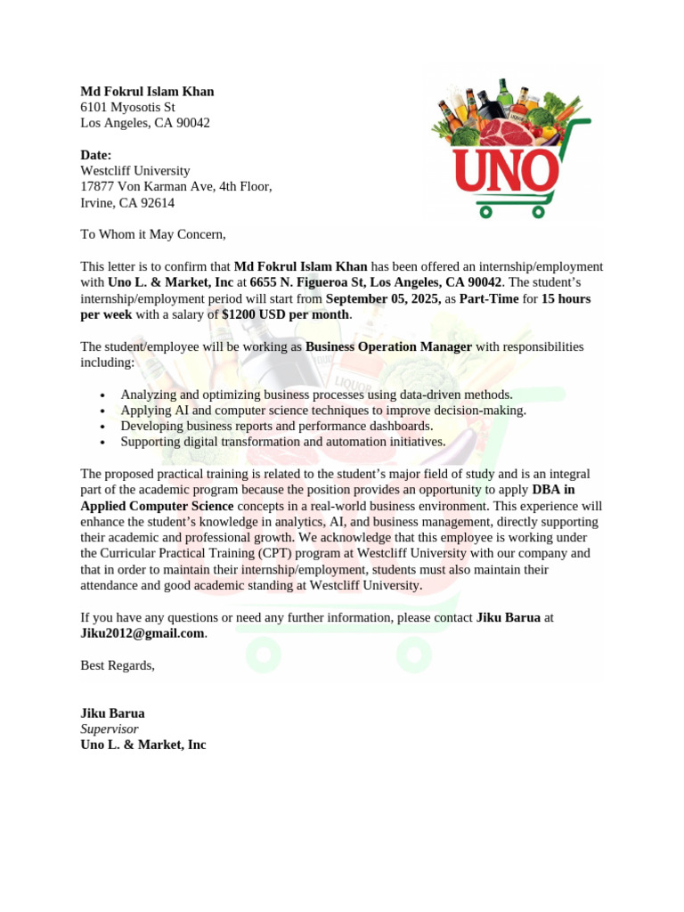 Internship Confirmation for Md Fokrul Islam Khan | PDF