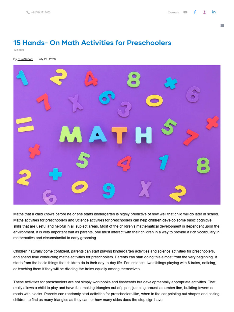 15 Hands - On Math Activities For Preschoolers - EuroSchool | PDF ...