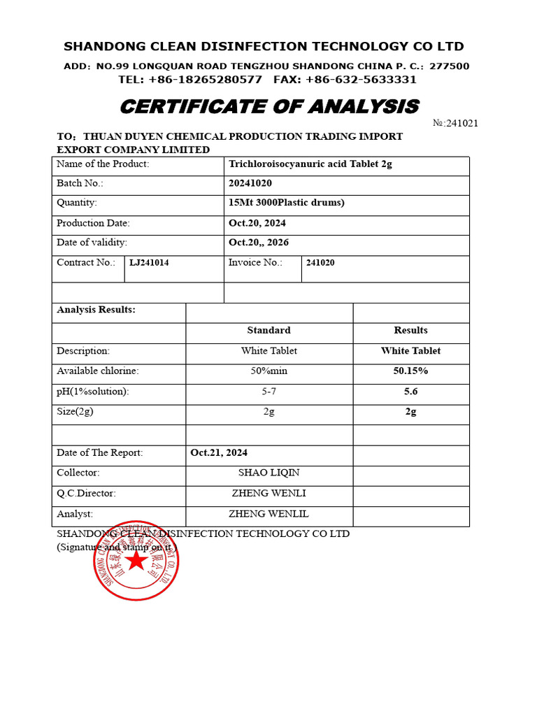 Tcca 2g Tablet 50% - Coa - Shandong Clean Disinfection (Oct.20, 2024 ...