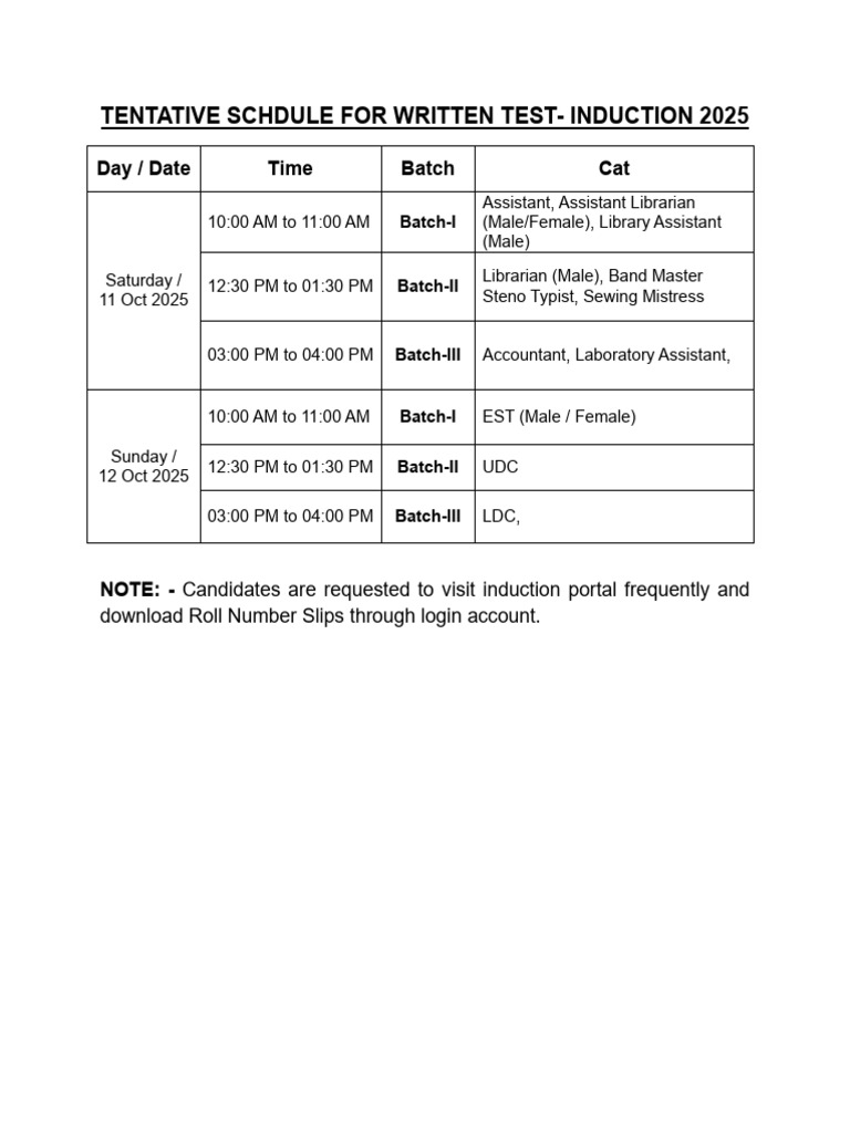 Tentative Schdule For Written Test | PDF