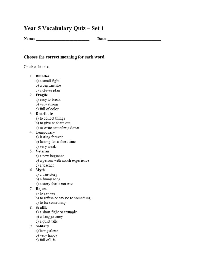 Year 5 Vocabulary Quiz | PDF | Chess Openings | Chess