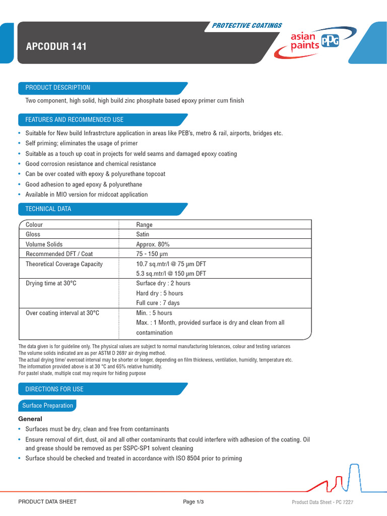 Apcodur 141 Epoxy Primer Data Sheet | PDF | Paint | Coating