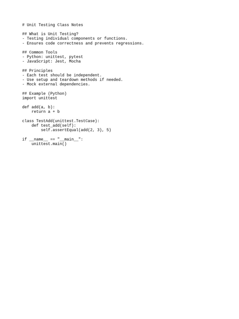 Unit Testing Class Notes | PDF