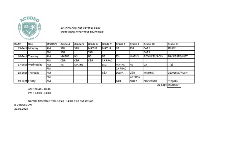 ACUDEO COLLEGE September Test Timetable | PDF