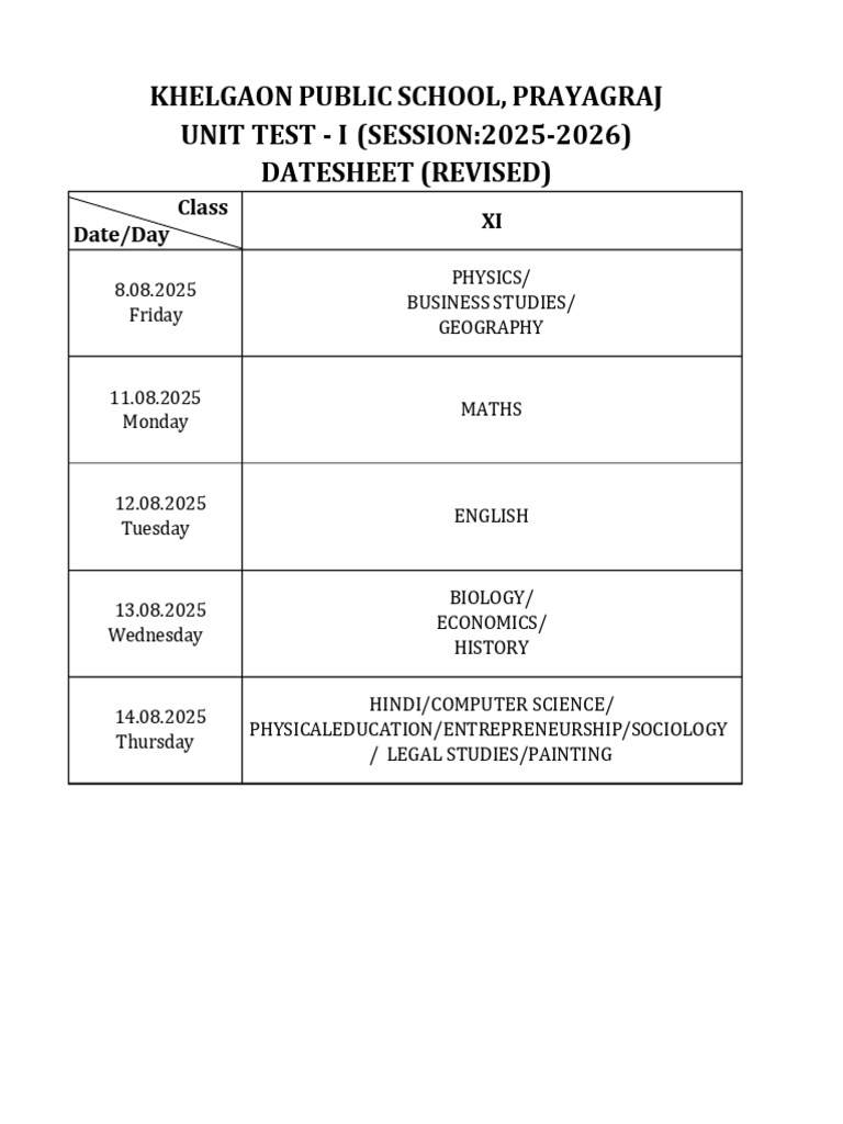 (Revised) PT-1 Date Sheet (2025-2026) CLASS-XI | PDF