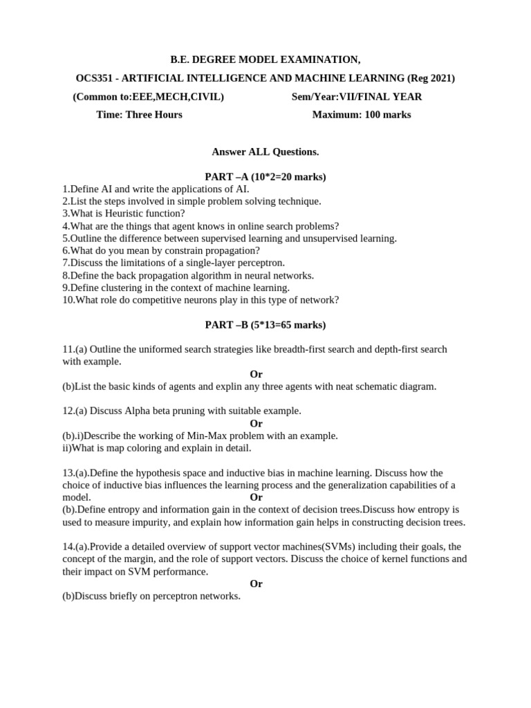 OCS351 AI & ML Model Exam Paper | PDF | Machine Learning | Support ...