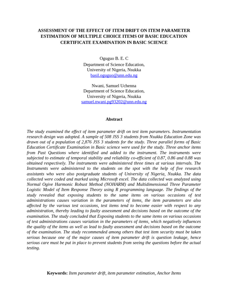 Assessment of The Effect of Item Drift On Item Parameter Estimation of ...