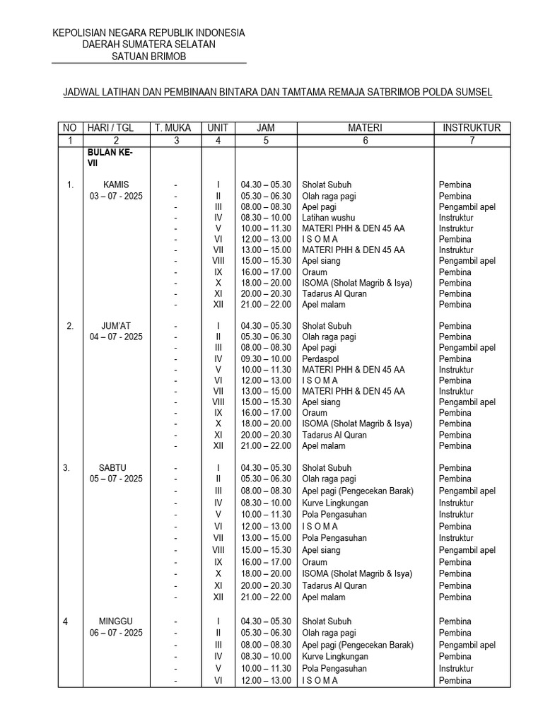Jadwal Baru Lat Bulan Ke 7 Bataja | PDF