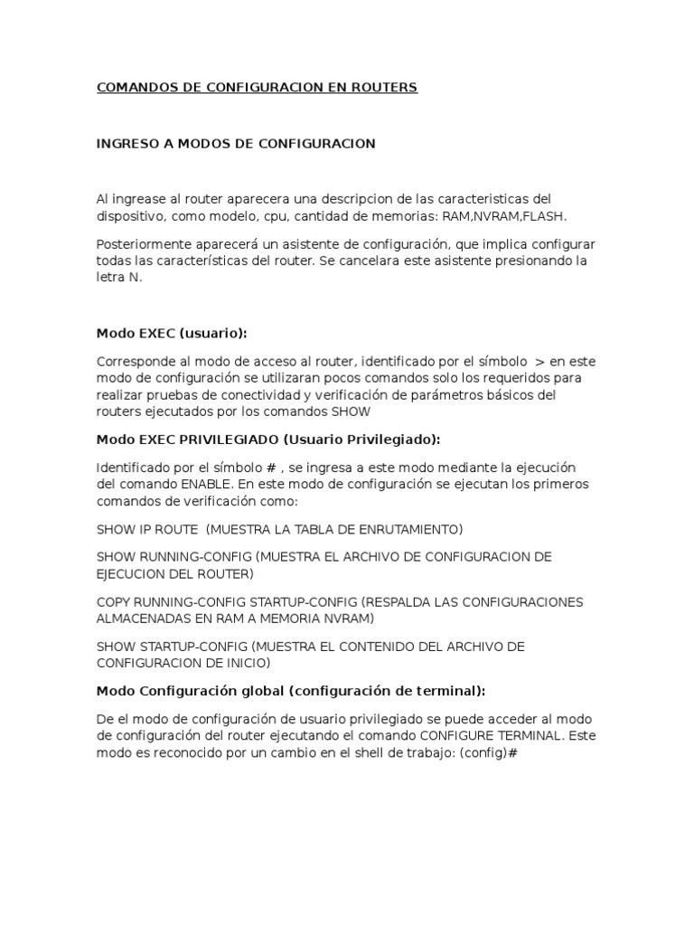 Comandos de Configuracion en Routers Cisco | PDF | Enrutador (Computación) | Dirección IP