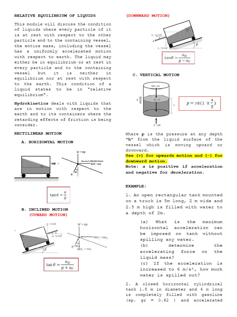 Relative Equilibrium in Liquids Explained | PDF | Acceleration | Force
