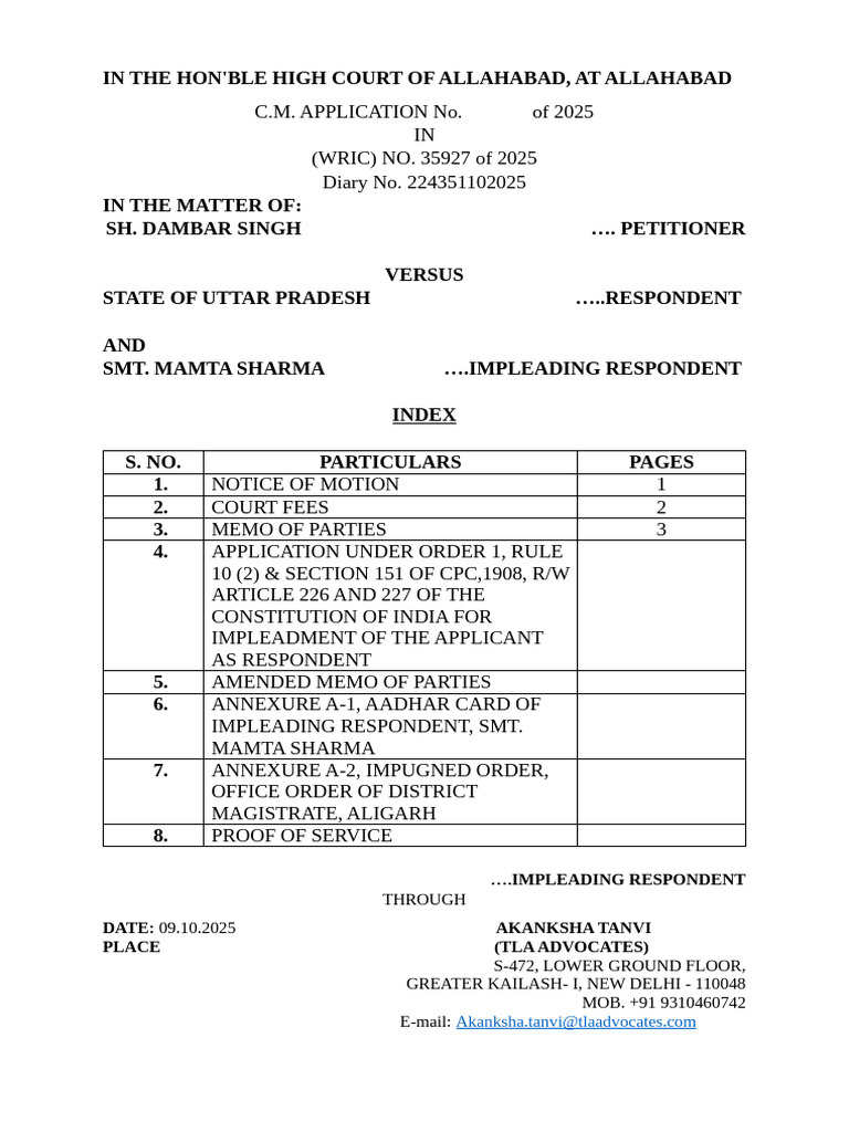 Impleadment Application in Mamta Sharma | PDF | Justice | Crime & Violence