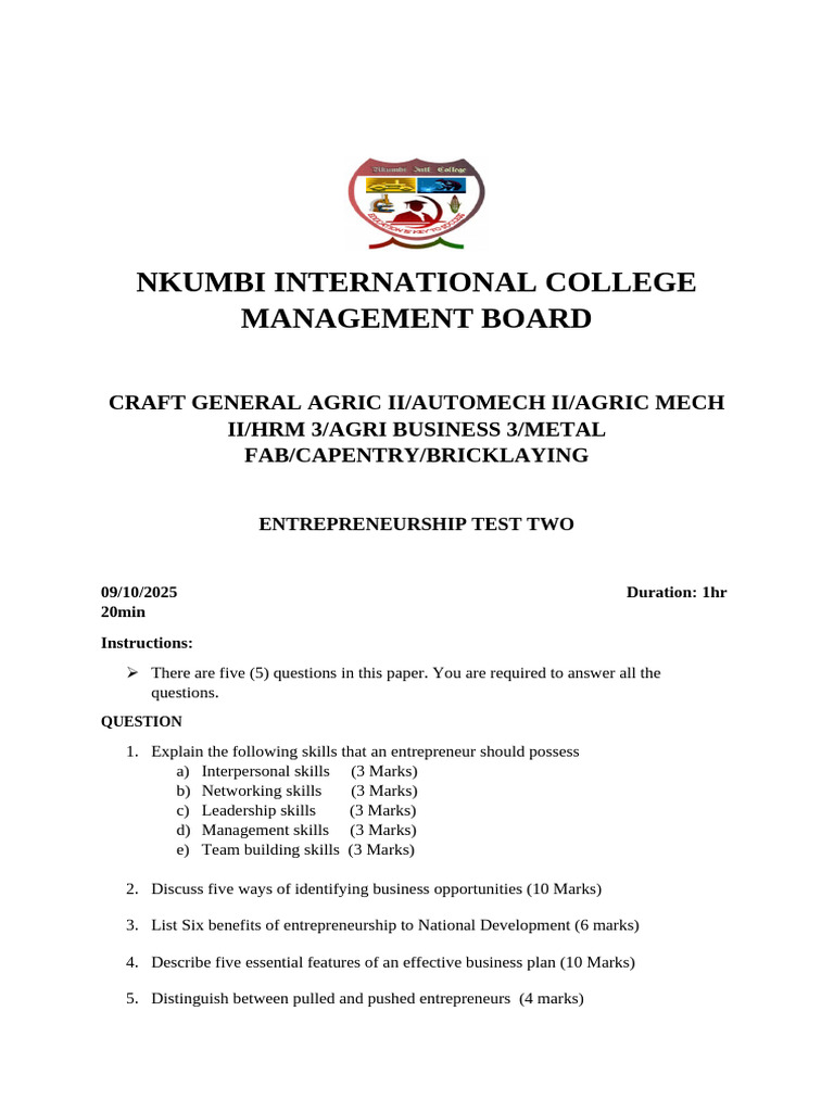 Entrepreneurship Skills and Business Opportunities Test | PDF