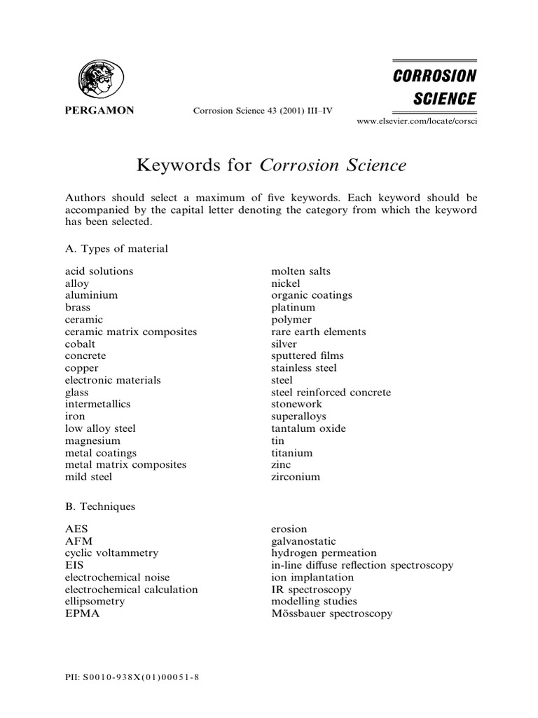 Keywords 2001 Corrosion-Science | PDF | Corrosion | Electrochemistry
