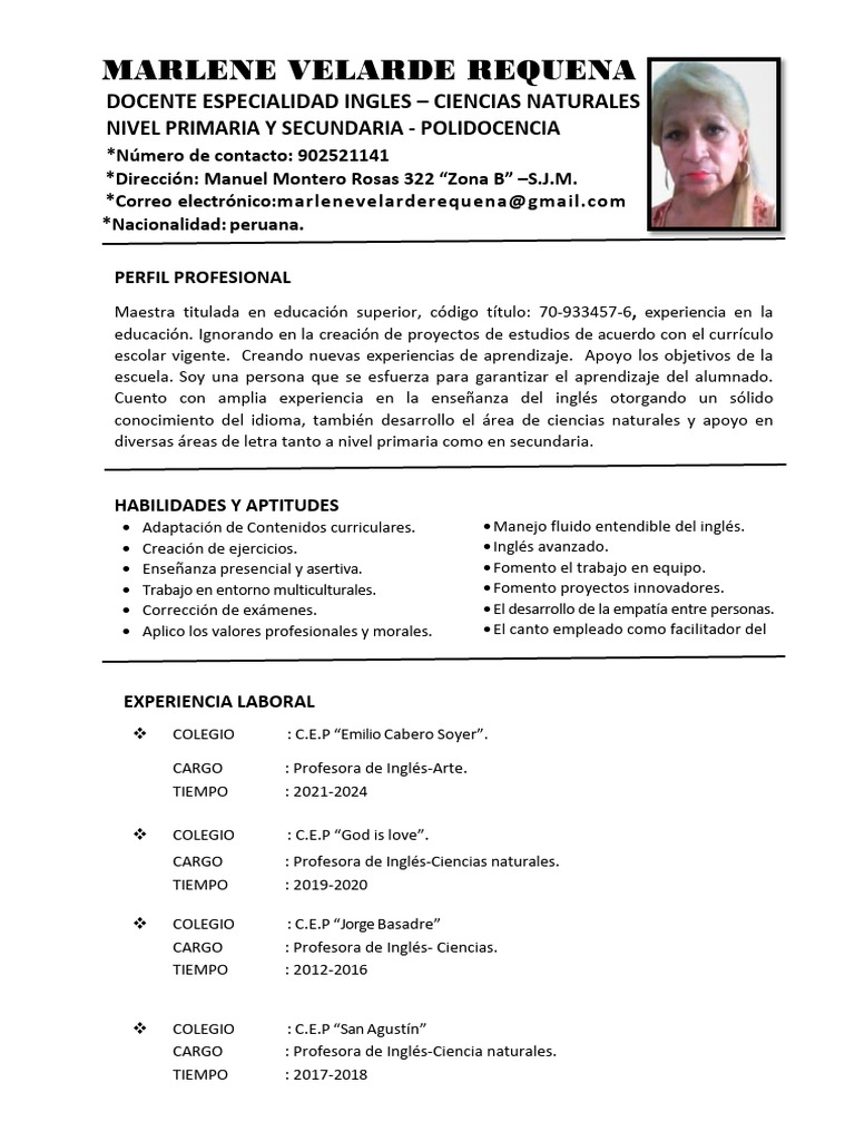 Marlene Velarde Requena CV | PDF | Maestros | Enseñando