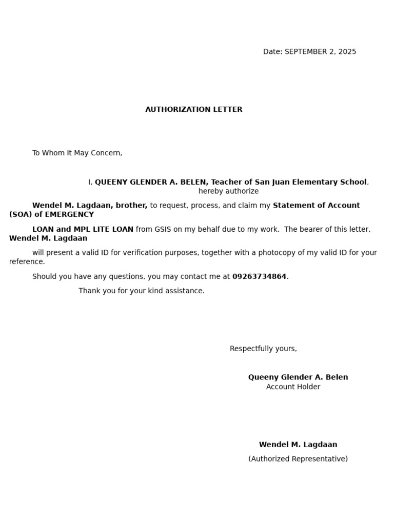 Authorization for Loan SOA Request | PDF