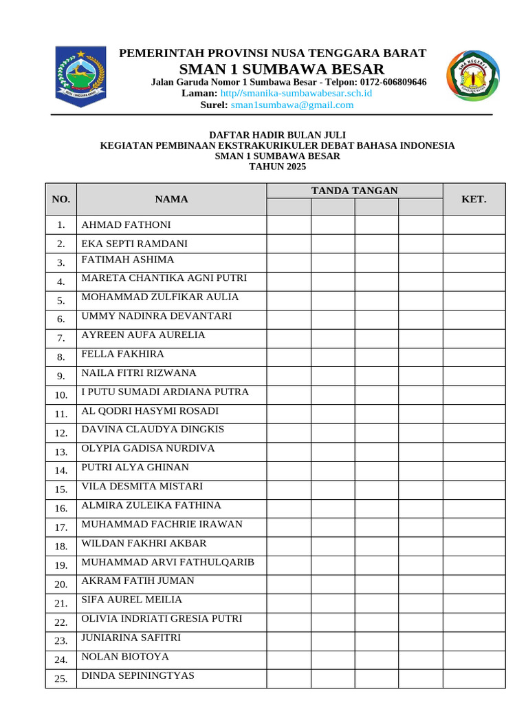 Absensi Anggota Ekskul Ldbi 2025 | PDF