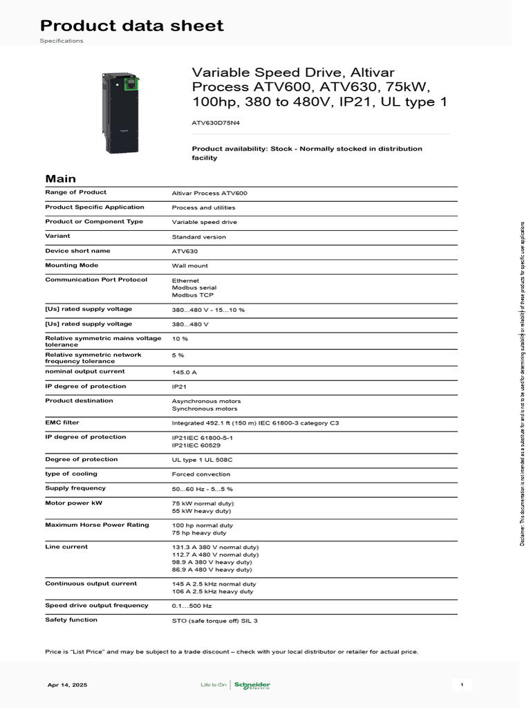 Schneider Electric Altivar Process 630 Variable Frequency Drives VFD ...