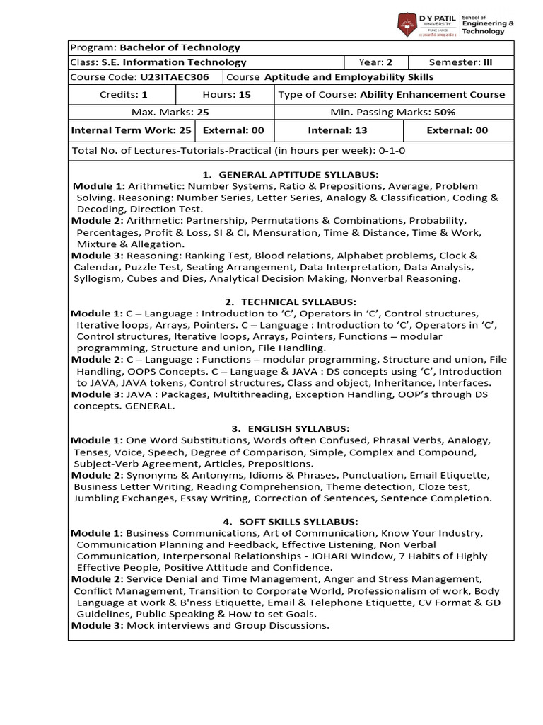 B.Tech IT Course: Aptitude & Skills Overview | PDF | Modular ...