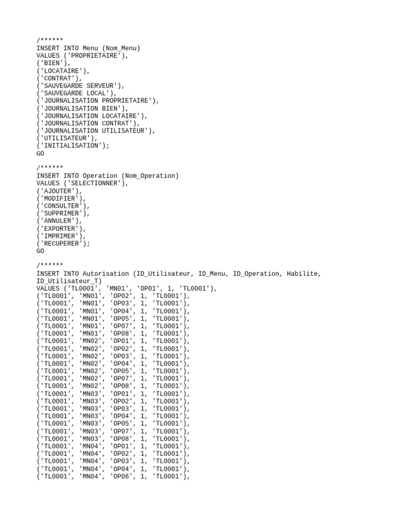 SCRIPT INSERT DATA Menu Operation Autorisation | PDF