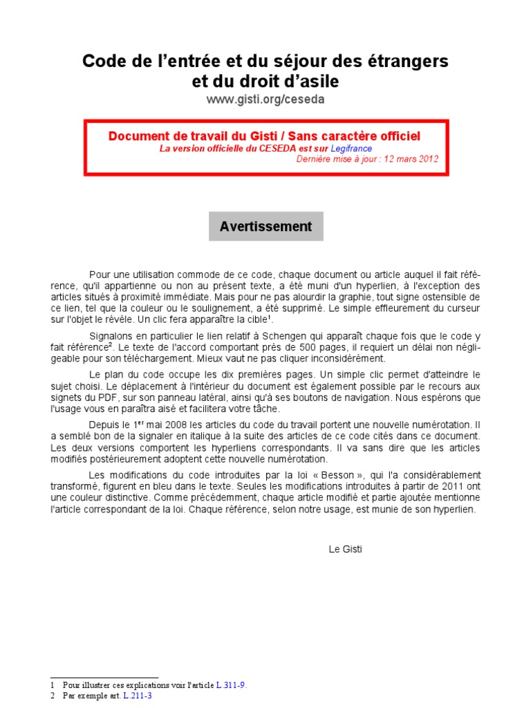 Code de L'entree Et Du Sejour Des Etrangers en France | PDF | Centre de ...