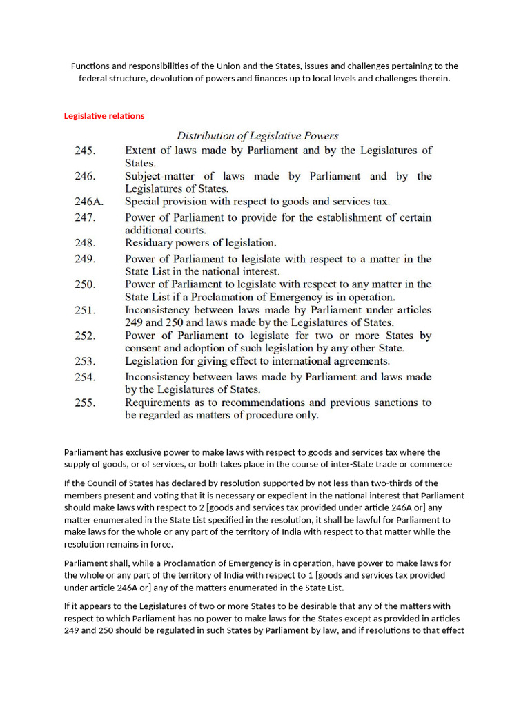 Union-State Functions and Challenges | PDF | Government Of India ...
