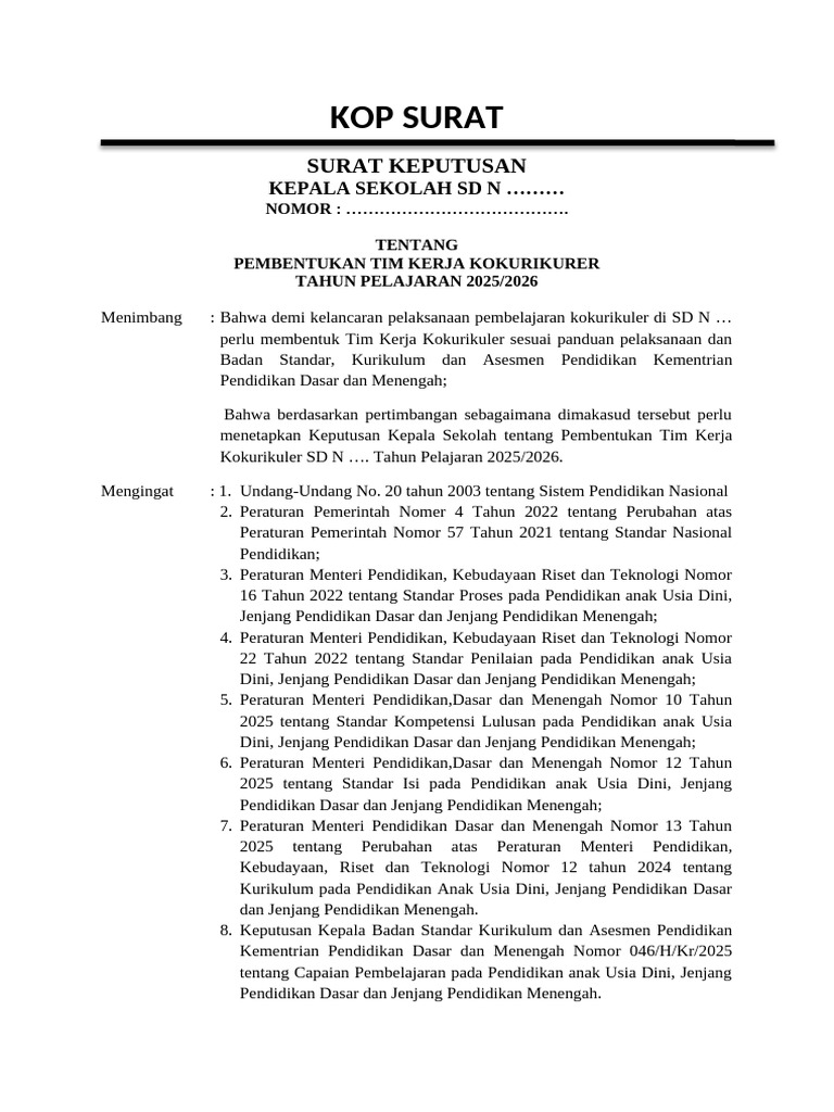 Contoh Format SK Tim Kerja Kokurikuler | PDF