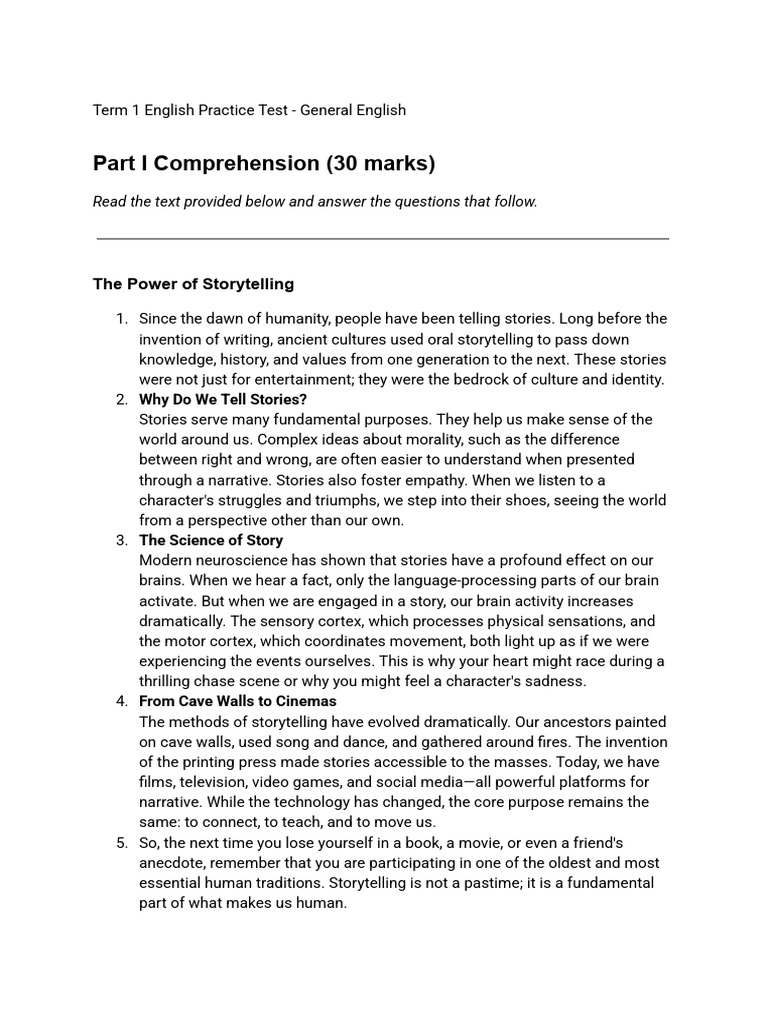 English Practice Test: Storytelling Insights | PDF | Storytelling ...