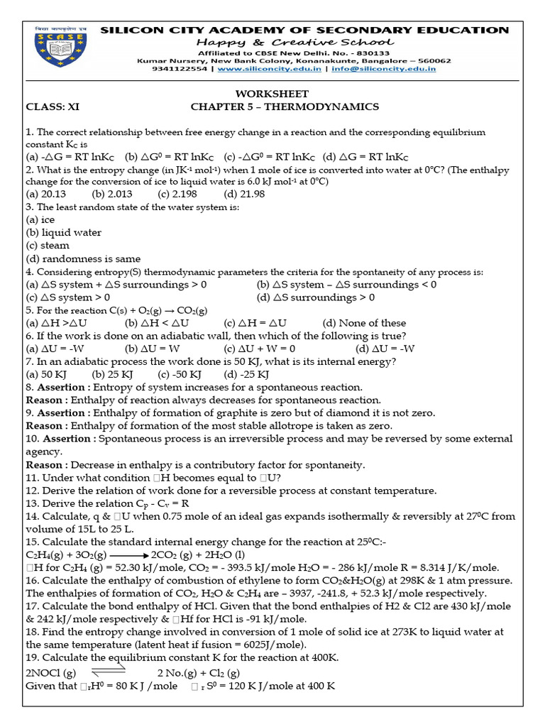 Class 11 - Chapter 5 - Thermodynamics - Worksheet | PDF | Entropy ...