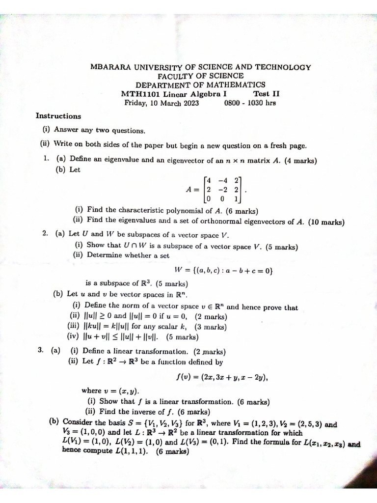 Linear Algebra 1 Past Papers | PDF