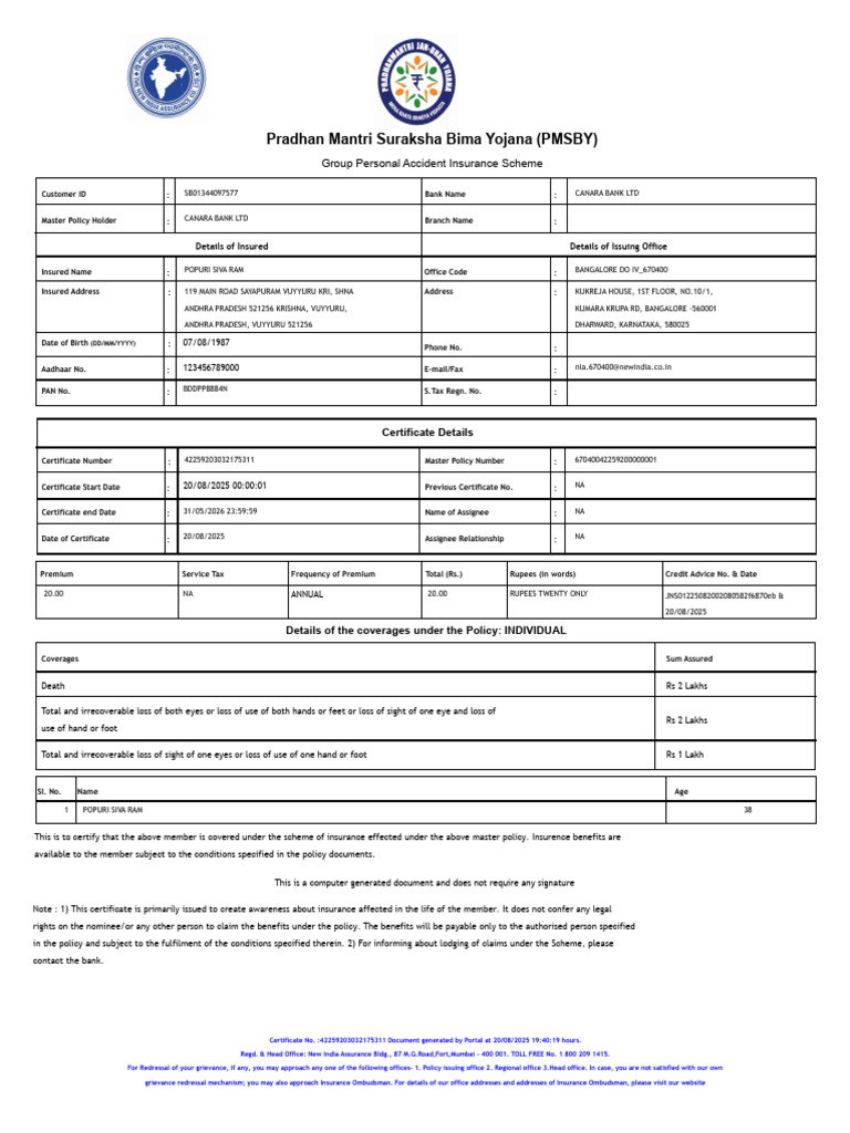 Pmsby Policy | PDF | Economy Of India | Insurance
