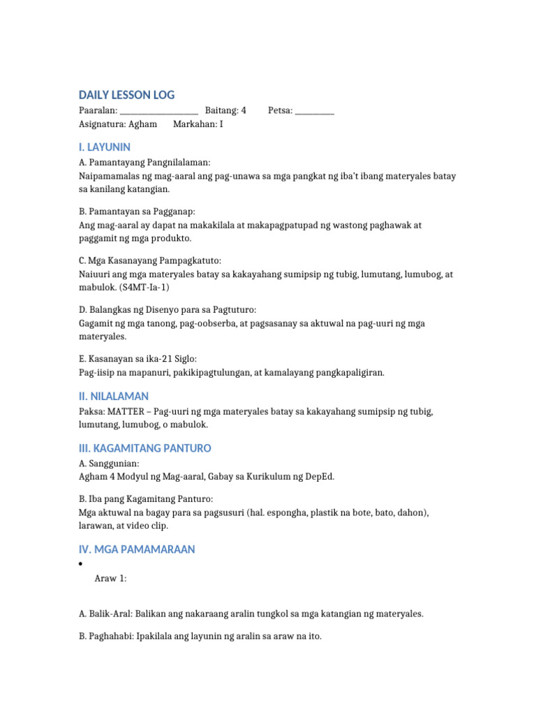 DLL Agham4 UnangMarkahan Matter Tagalog | PDF
