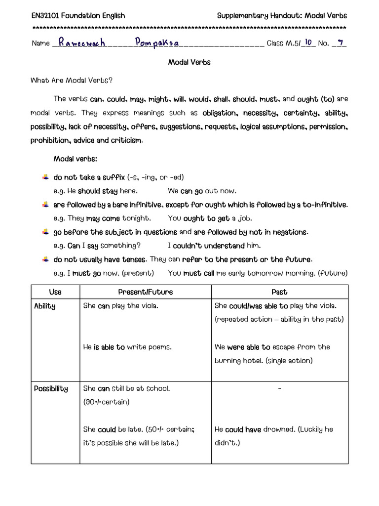 EN32101 Handout No.2 Modal Verbs | PDF | Syntax | Linguistics
