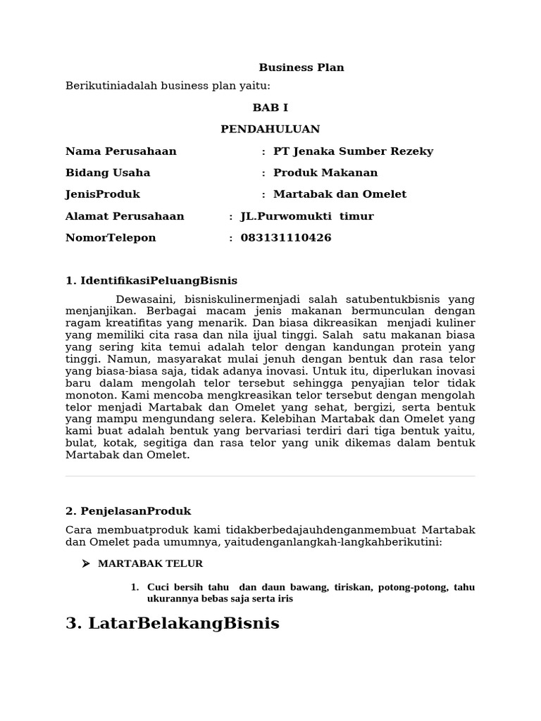 Contoh Laporan Business Plan Makanan | PDF