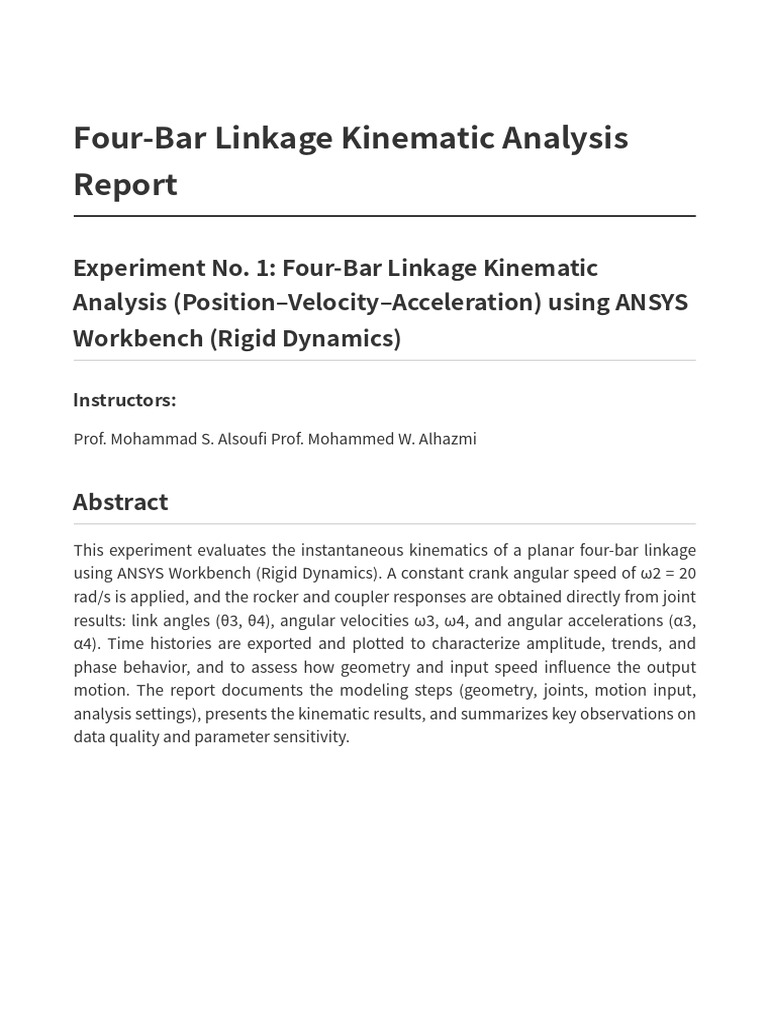 Four Bar Linkage Kinematic Analysis Report | PDF | Kinematics | Acceleration