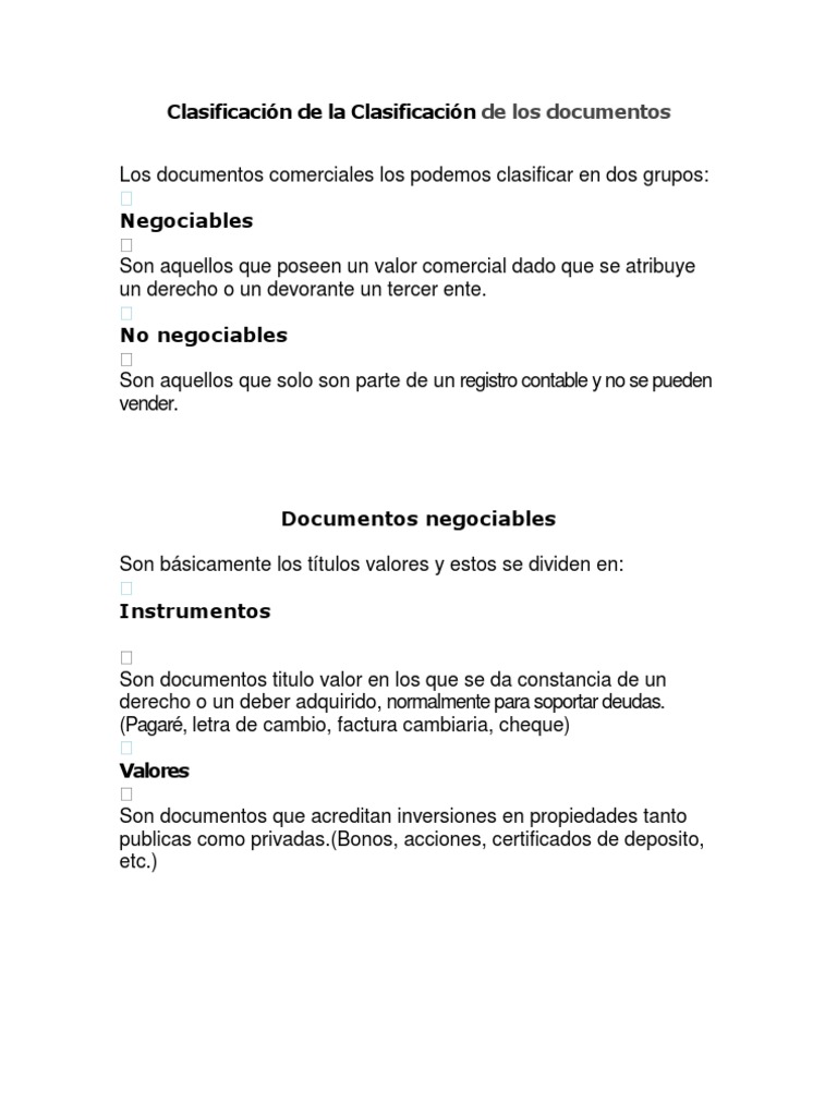 Clasificación de La Clasificación de Los Documentos | PDF | Cheque | Pagaré