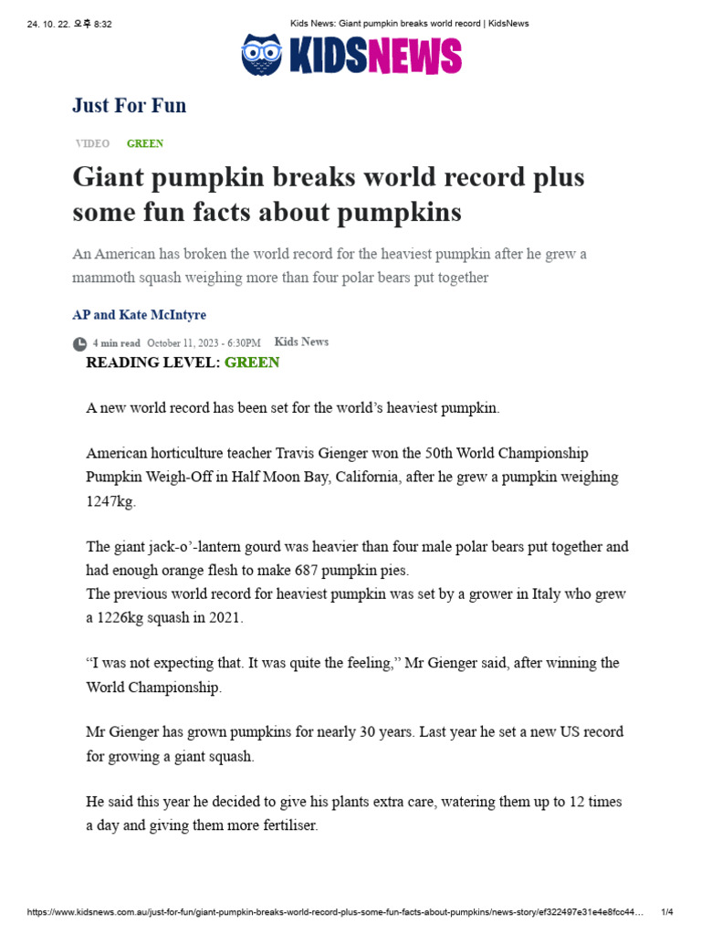 Kids News - Giant Pumpkin Breaks World Record - KidsNews | PDF