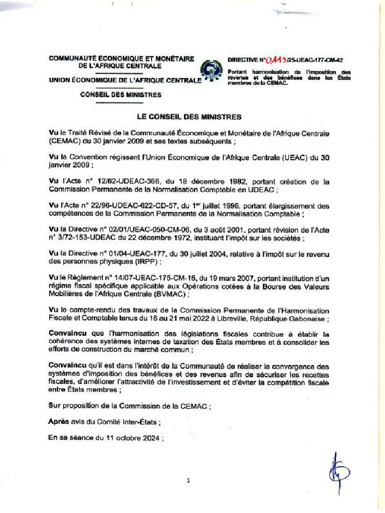 CEMAC Directive 2025 119 Harmonisation Imposition Revenus Benefices | PDF