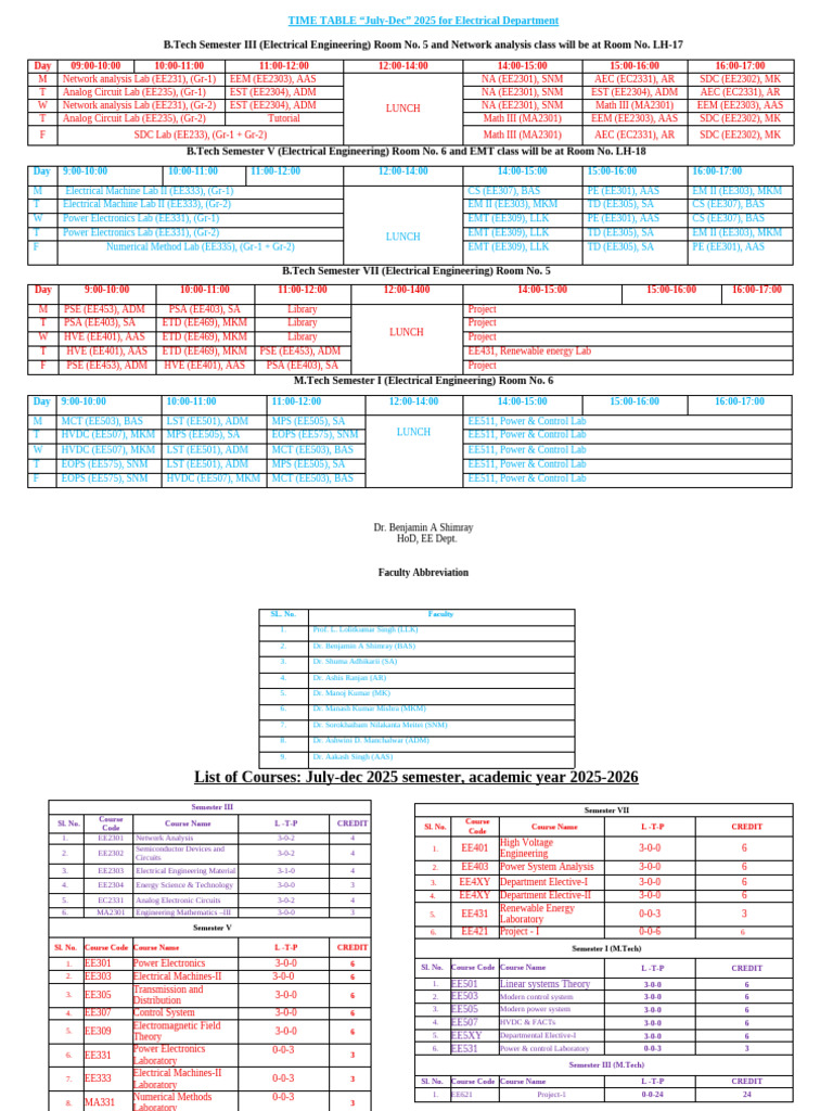 Updated - TantativeEE - Time Table JULY-DeC 2025 | PDF | Computer ...