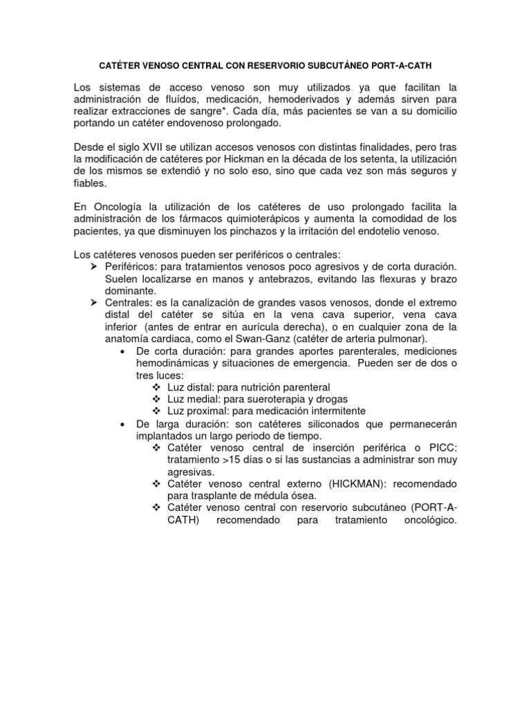 Catéter Venoso Central Con Reservorio Subcutáneo Port | PDF | Vena ...