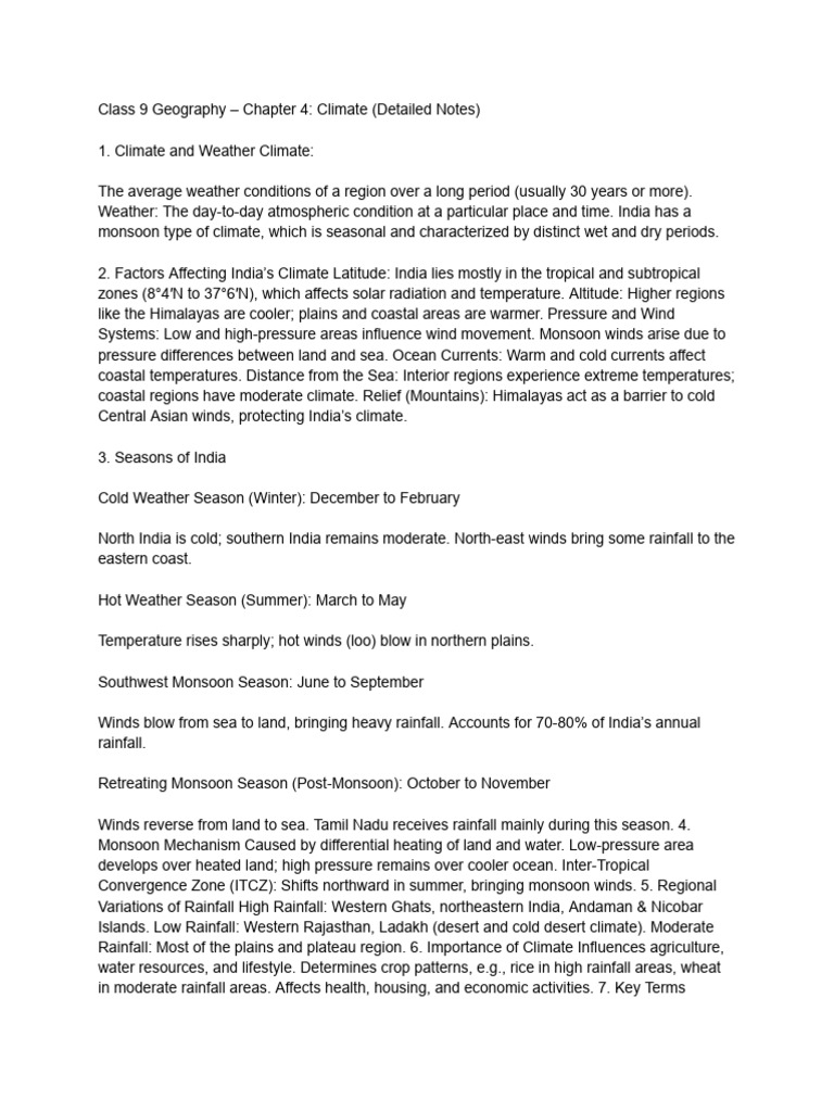 Climate Seasons in India for Class 9 | PDF | Monsoon | Rain