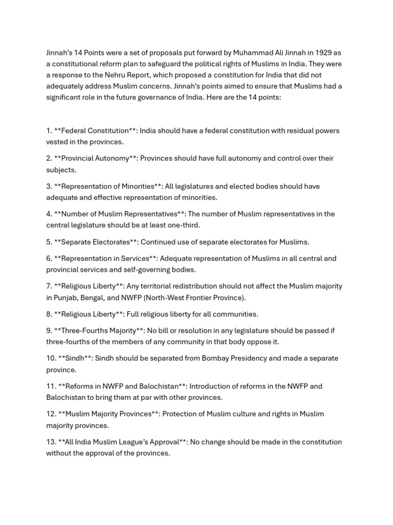 Jinnah's 14 Points: Muslim Rights in India | PDF