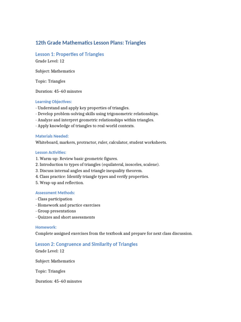 12th Grade Mathematics Triangles Lesson Plans | PDF | Trigonometric ...