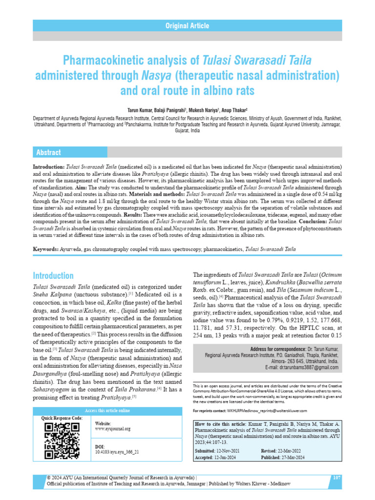 Pharmacokinetic Analysis of Tulasi Swarasadi Taila.4 | PDF | Dose ...