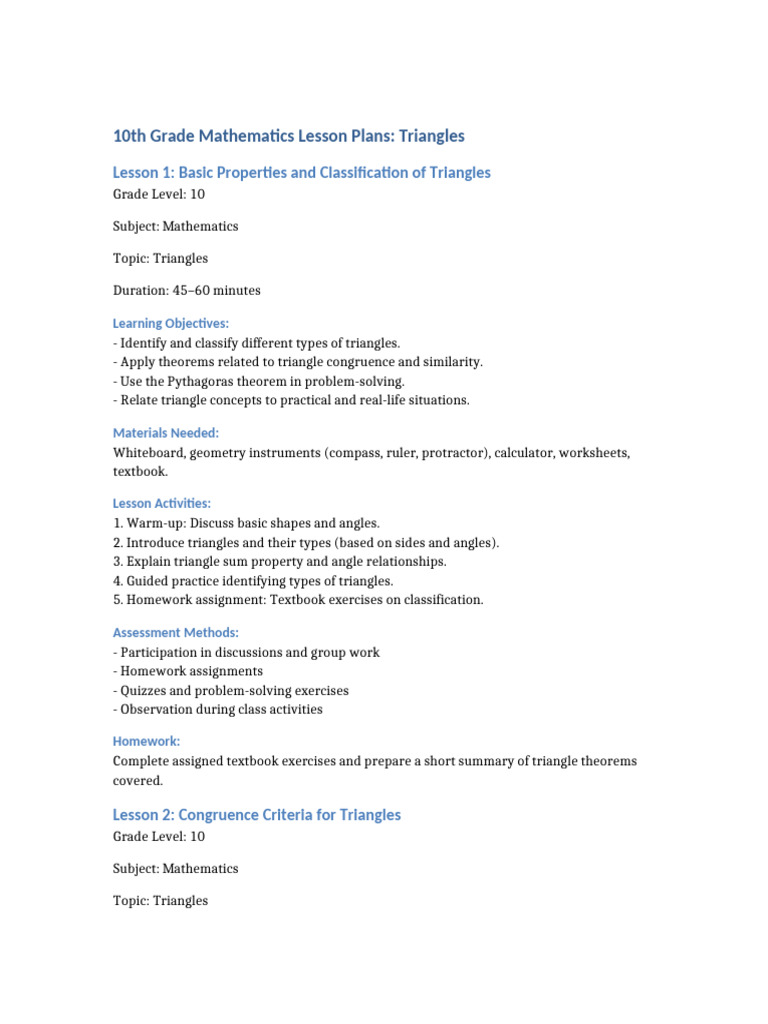 10th Grade Mathematics Triangles Lesson Plans | PDF | Triangle | Geometry
